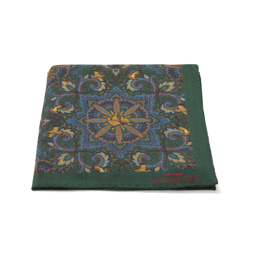 Wool & Silk Pocket Square, Green/Mustard/Blue Sporting Birds