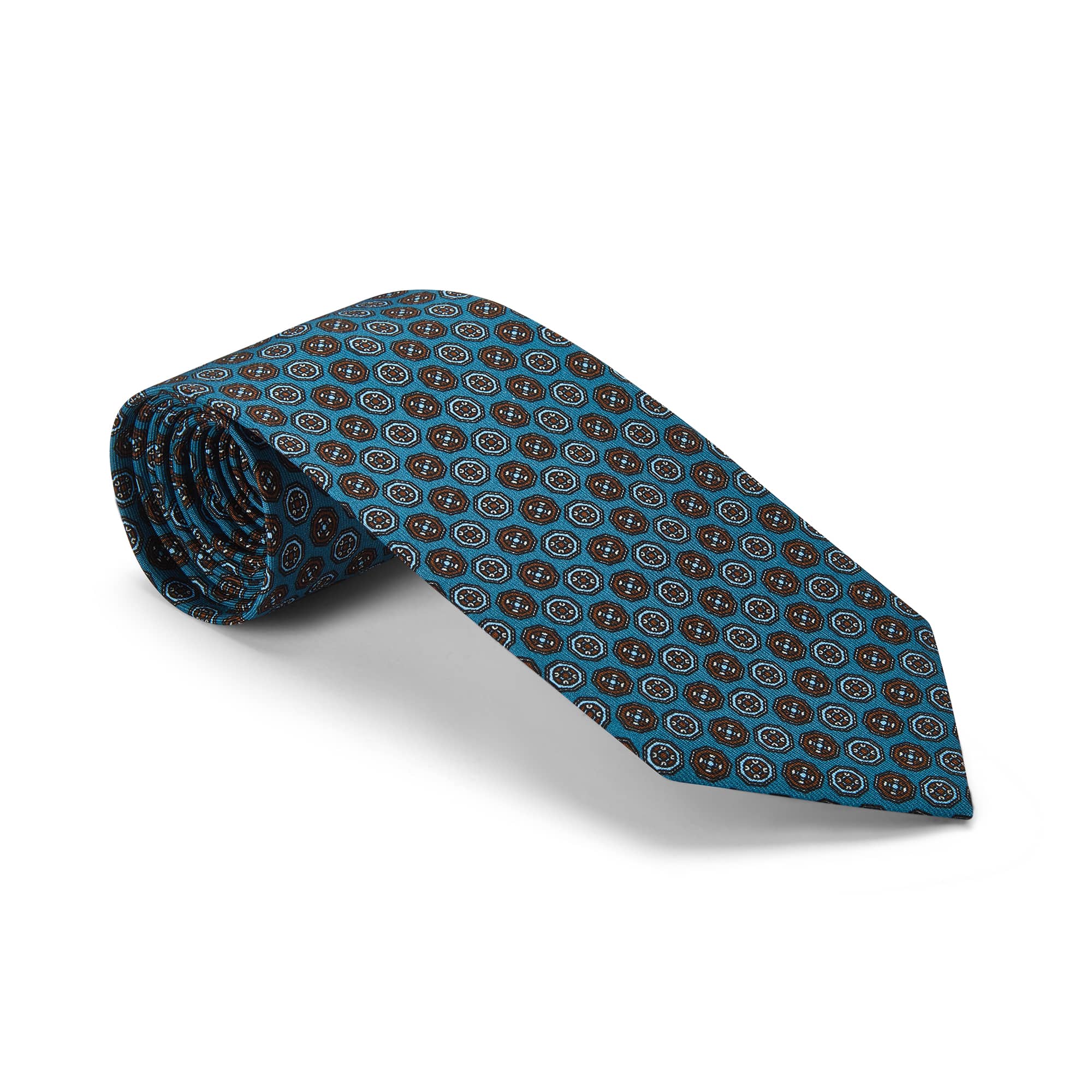 Silver, Orange & Light Blue Medallions Printed Silk Tie